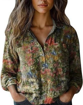 Generico Chemise Femme Curvy Manches Longues T Shirt Coton Et Lin D&eacute;contract&eacute; Respirant Chemisier Col en V Classique Blouse Vintage Imprim&eacute; avec Boutons L&eacute;ger 