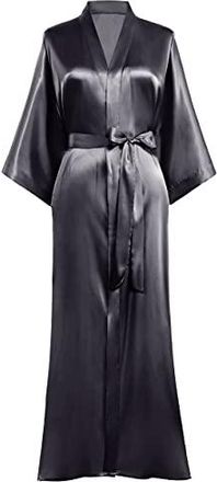 prodesign denmark Peignoir pour femme en satin Kimono long avec ceinture Unicolore Pyjama Robe de chambre l&eacute;g&egrave;re, gris fonc&eacute;, taille unique