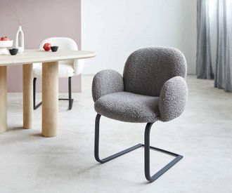 DELIFE Freischwinger Nube-Flex mit Armlehnen Boucl&eacute; Silbergrau Freischwinger flach Schwarz Taschenfederkern, Esszimmerst&uuml;hle