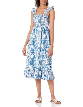 The Drop Kimi Ruffled Shoulder Smocked Midi Dress Kleider, Blaues Blumenmuster, 4X