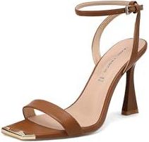 Queen Helena Sandales Femme &agrave; Bout Carr&eacute; Talon Haut Bracelet Cheville K4518, marron, 41 EU