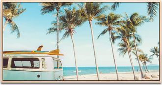 Paul Sinus Art Vintage Auto auf einem tropischem Strand ca. 130x70cm Wandbild inklusive Schattenfugenrahmen naturfarbend - Panorama Leinwand Bild XXL Format Wandbild