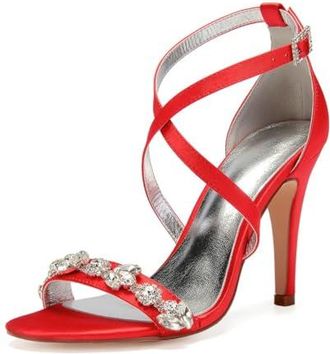 Generic Sandales Stylet Talons Bout Ouvert Femmes Satin Chaussures Mariage Mari&eacute;e Et&eacute; Talon Mariage Soir&eacute;e Chaussures Femmes10.5Cm,Rouge,41 EU