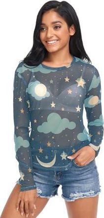 Mnsruu T-shirt transparent en maille transparente pour femme, motif lune, étoiles, nuages, chemises transparentes à manches longues, Multicolore, XXL