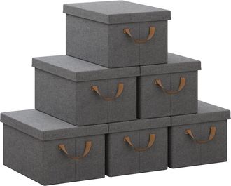 Woltu Faltbare Aufbewahrungsboxen 6 Stück, Stoffboxen mit Deckel, Aufbewahrungskörbe für Kleidung, Bettdecke, Spielzeug, Grau, 38x27x20cm