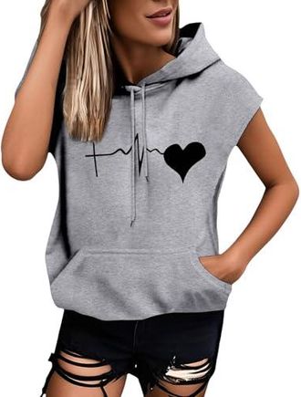 Generic Sweat A Capuche Femme sans Manches- Haut Grande Taille Imprim&eacute; Ample D&eacute;contract&eacute; Tee Shirt avec Poches Et Cordon De Serrage Comfortable Baggy Chic Sim