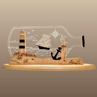 Weigla Schwibbogen original Erzgebirge I Motiv Flaschenpost Maritim I Dekoleuchte I LED-Lichterbogen I Größe 47 x 22 x 8,2 cm I Inklusive Beleuchtung I Deko 