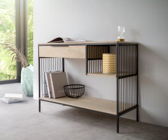 DELIFE Konsolentisch Liborio 110x40 cm Mango White Wash Metall Schwarz 1 Schublade, Tische