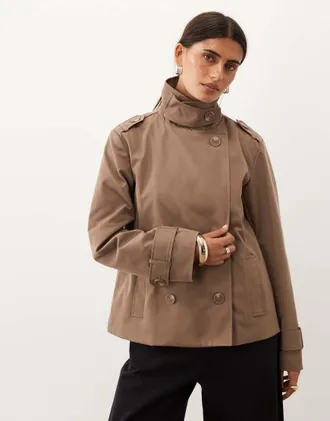Threadbare Kurze Trenchjacke in Kaffeebraun mit Stehkragen
