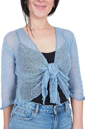 Mimosa Damen &Uuml;bergr&ouml;&szlig;e h&auml;keln Glitzer und einfache Stretch-Spitze Fischnetz Bali Krawatte an Taille Bolero zucken offene Strickjacke (&Uuml;bergr&ouml;&szlig;e, Mid Blue)