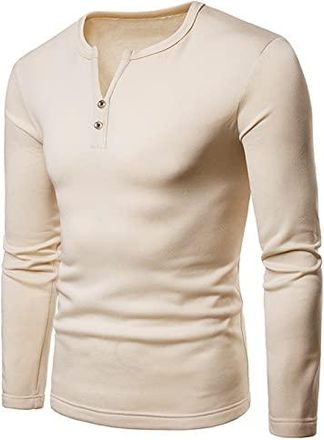 Generic T-shirt confortable pour homme avec col en V et couleur unie - T-shirt d&eacute;contract&eacute; &agrave; manches longues pour homme, beige, XL