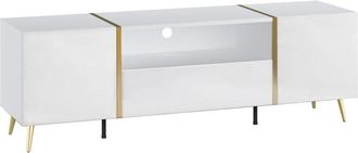 Vente-Unique Vente-unique - Meuble tv avec 2 portes, 1 tiroir et 1 niche - Blanc brillant et Doré - marzialo