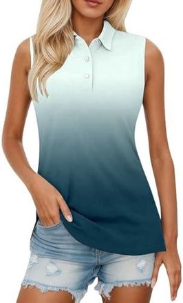 Generic D&eacute;bardeur sans manches &agrave; col pour femme, camisole boutonn&eacute;e de couleur d&eacute;grad&eacute;e pour l&eacute;t&eacute;, lentra&icirc;nement quotidien et haut ray&eacute; pour femme, bleu marin
