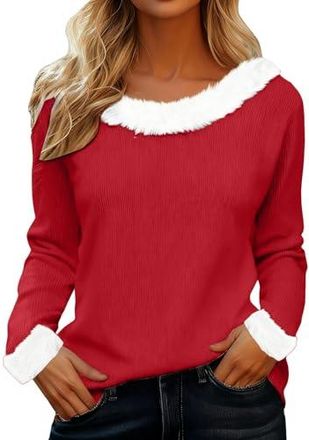 Generic Uwdiohq Chemise Blanche Femme Et Col en Peluche pour Couleur Unie, Ample D&eacute;contract&eacute;, Automne-Hiver (Red, S) Chemisier Manche Longue Tee Shirt Coton R