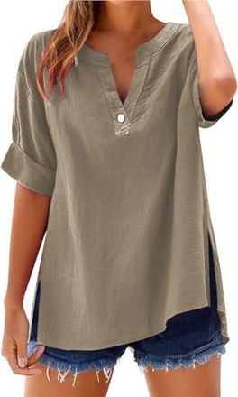 Generic Chemisier en mousseline pour femme oversize avec bords ouverts - Chemisier en lin pour femme - T-shirt d&eacute;t&eacute; d&eacute;contract&eacute; - Coupe ample - Tunique unie -