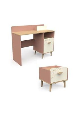 Demeyere CBA - Bureau + Table de Chevet + Lot de 2 Meubles Chambre Enfant Gamme Suzie - Couleurs Rose, Blanc, Sérigraphie Etoiles Dorées - Made in France - Pei