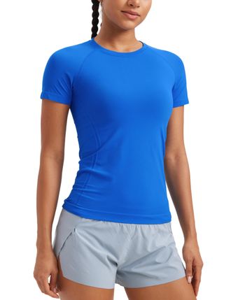 CRZ YOGA Damen Nahtlos Sport T-Shirt Atmungsaktiv Shirts Sportshirt Laufshirt Gym Workout Kurzarm Schmale Shirt Funkelndes Blau 40