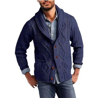Generic Cardigan pour homme - Col ch&acirc;le uni - Cardigan boutonn&eacute; en tricot torsad&eacute;, bleu, XL