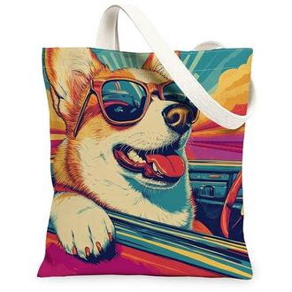 Generic Corgi Sac fourre-tout en toile pour faire du shopping, 33 x 38,1 cm, r&eacute;utilisable, motif chiot funky pop pour femme, animal domestique, plage, esth&eacute;ti