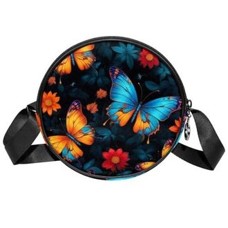 Generic Sac &agrave; bandouli&egrave;re rond pour femme, motif floral et papillon, petit sac &agrave; dos &agrave; bandouli&egrave;re avec fermeture &eacute;clair, bretelles r&eacute;glables, sac &agrave; main rond