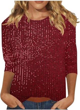 Generico Haut scintillant pour femme - Col rond &agrave; paillettes - Col rond - Clochette &eacute;l&eacute;gante - Chemisier d&eacute;contract&eacute; &agrave; volants - Haut en velours scintillant - 