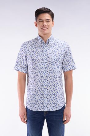 Eden Park Chemise &Agrave; Manches Courtes En Popeline De Coton Bleue Imprim&eacute; V&eacute;g&eacute;tal Coupe Droite