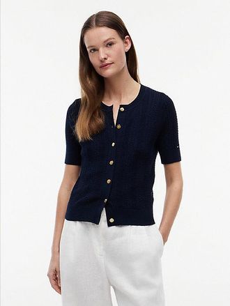 Tommy Hilfiger Cardigan en pointelle &agrave; manches courtes et boutons dor&eacute;s