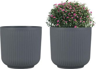 Costway Lot de 2 Pots à Plantes Rondeas en Plastique 32 cm, Jardinières à Rayures avec Système de Drainage en Option, Pots de Fleurs Décoratives, Gris