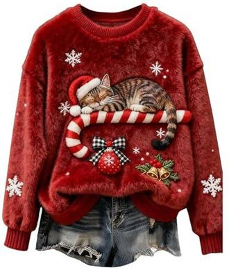 Generic Pull de Noël en flanelle pour femme - Imprimé chat mignon à paillettes - En coton - Col rond - Pull en polaire - Tunique habillée et décontractée - Po
