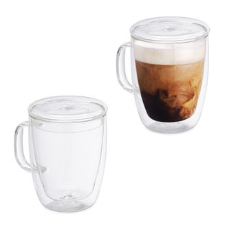 Relaxdays Doppelwandige Kaffeegläser, 2er Set, 500 ml, Teegläser mit Henkel & Deckel, Borosilikatglas, transparent