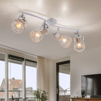 Globo Lighting Plafonnier spot de plafond 4 flammes m&eacute;tal bois E27 spot barre 4 flammes blanc, spot orientable, 4x E27, LxlxH 72x32x20 cm