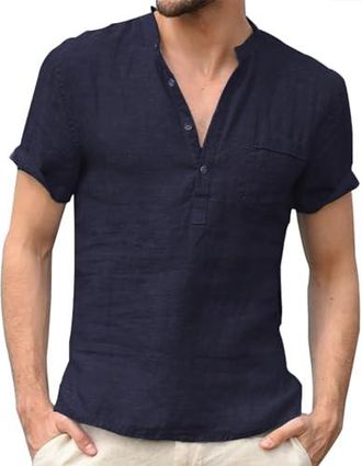 Generic Chemise d&eacute;contract&eacute;e en lin pour homme - Couleur unie - T-shirt ample &agrave; manches courtes - Style t-shirt &agrave; manches longues - Coupe ajust&eacute;e, bleu marine
