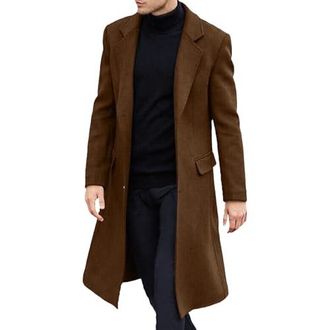 Generic Manteau long d&eacute;contract&eacute; &agrave; col crant&eacute; pour homme, coupe ajust&eacute;e, long manteau thermique &agrave; simple boutonnage, marron, 3XL