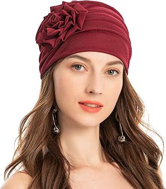 ZLYC Bonnet turban pour femme avec fleur chimio bandeau élastique, Floral Bordeaux, M (taille unique)