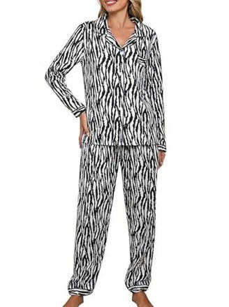 Minetom Ensembles de Pyjama Femme 2 Pi&egrave;ces Bouton V&ecirc;tements de Nuit &Agrave; Carreaux Manches Longues Col V Chemise et Pantalon Style Y20 38