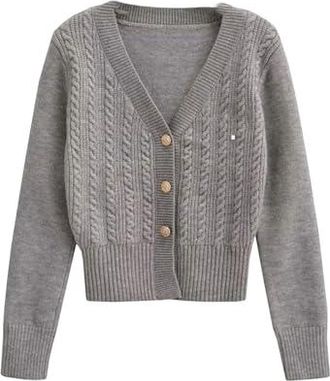 Generic Cardigan en tricot torsad&eacute; &agrave; manches longues et col en V pour femme Bleu marine, gris, Taille XS