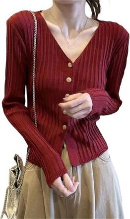 Generic Cardigan court &agrave; manches longues et col en V pour femme, Rouge, Taille XS