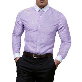 Generic Chemises daffaires pour homme &agrave; manches longues ray&eacute;es et col roul&eacute; - Coupe r&eacute;guli&egrave;re - Chemise classique pour homme - Chemise extensible pour le trav