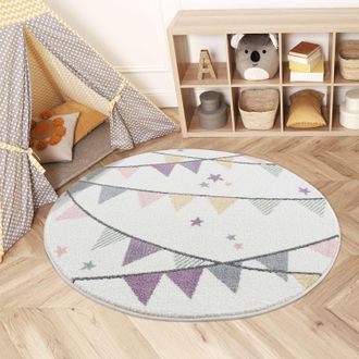 Carpet City Teppich Kinderzimmer 120 cm Rund - Kinderteppich Creme, Lila - Wimpel, Sterne - Spielteppich Kinder - Babyzimmer Deko