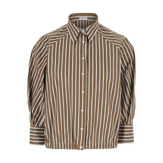 Brunello Cucinelli Femme, Blouses et Chemises, Brun, Taille: 40 FR Chemise Ray&eacute;e &agrave; Col Classique