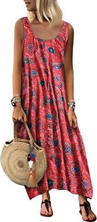 Minetom Femmes Robe Lâché Casual Chic Robe Longue Robe Vintage Bohême Imprimé Floral sans Manches Été Fête Plage Maxi Robe A Rouge 40