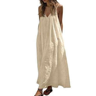 Generic Robe de vacances d&eacute;t&eacute; pour femme en coton l&eacute;ger avec col en V et noeud dans le dos, robe d&eacute;t&eacute; fluide sans manches avec poches, v&ecirc;tement de voyage, bei