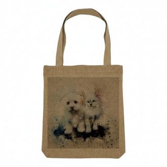 Fabulous Sac Shopping Tote Bag Aspect Lin - Chien et Chat Blanc Peinture Caniche Poil Long Mignon Art - Sac de Courses Toile Epaisse 360g Beige Naturel Cabas P