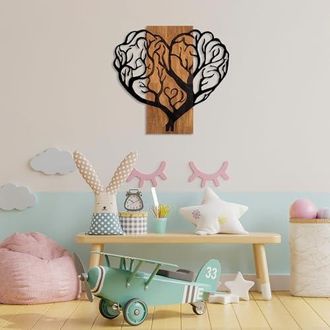 Wallity Elegant Decorative Wooden Wall Accessory, Walnut & Black, 58 x 62 cm | 50% Wood (3 cm thick) & 50% Metal | Unique Design with Natural Variations