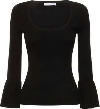 Michael Kors Femme, Pulls, Noir, Taille: 36 FR Pull en maille c&ocirc;tel&eacute;e stretch &agrave; manches volant&eacute;es