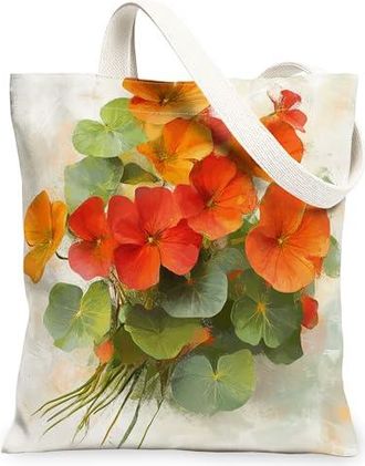 Generic Sac fourre-tout en toile de fleurs de capucine printani&egrave;re pour faire du shopping, 33 x 38,1 cm, sac d&eacute;picerie r&eacute;utilisable pour femme, peinture esth&eacute;