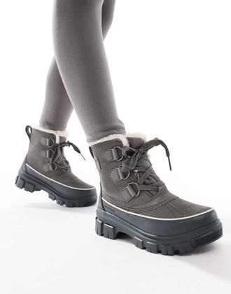 Sorel Torino V WP - Bottes de neige imperm&eacute;ables en cuir avec doublure en polaire et fausse fourrure - Gris carri&egrave;re