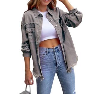Generic Veste en jean surdimensionn&eacute;e &agrave; franges d&eacute;chir&eacute;es pour femme avec poche, gris clair, XXL