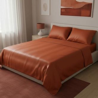 KASANOVA Bettwäsche-Set für Doppelbett aus 100% Baumwollsatin, 4-teiliges Set, weich und atmungsaktiv, seidiger Effekt (Ruggin)