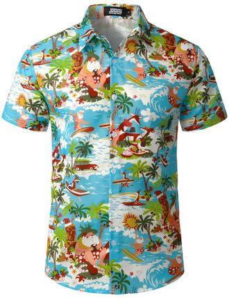 JOGAL Herren Weihnachten Hemd Funky Kurzarm Christmas Hawaiihemd Button Down Weihnachtsmann Print Freizeithemd XXX-Large Blau Insel